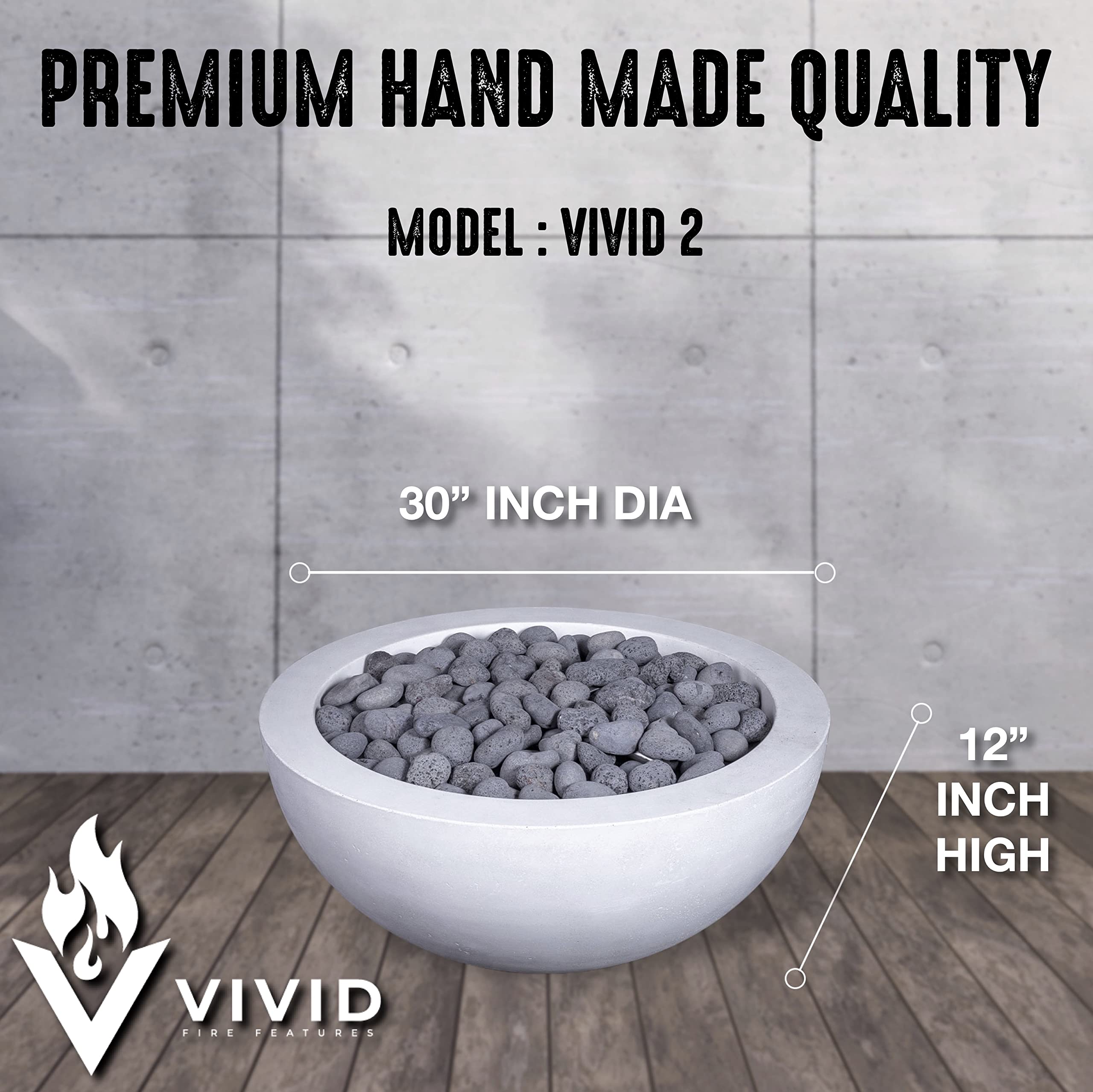 30" Premium Concrete Fire Bowl - Dark Grey Cement Round Natural Gas Fire Pit - Outdoor Fire Table with Key Valve GFRC (30" Diameter x 13" High) (Pewter)