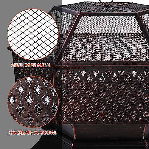 Arlopu 30/28'' Outdoor Grilled Fire Pit, Wood Burning Firepit, Patio Portable Pit, Hex Outside Camp Fireplace, W/ 20in Fire Poker, Spark Screen, 0.8mm Steel Base for Backyard,Terrace,Poolside,Gazebo