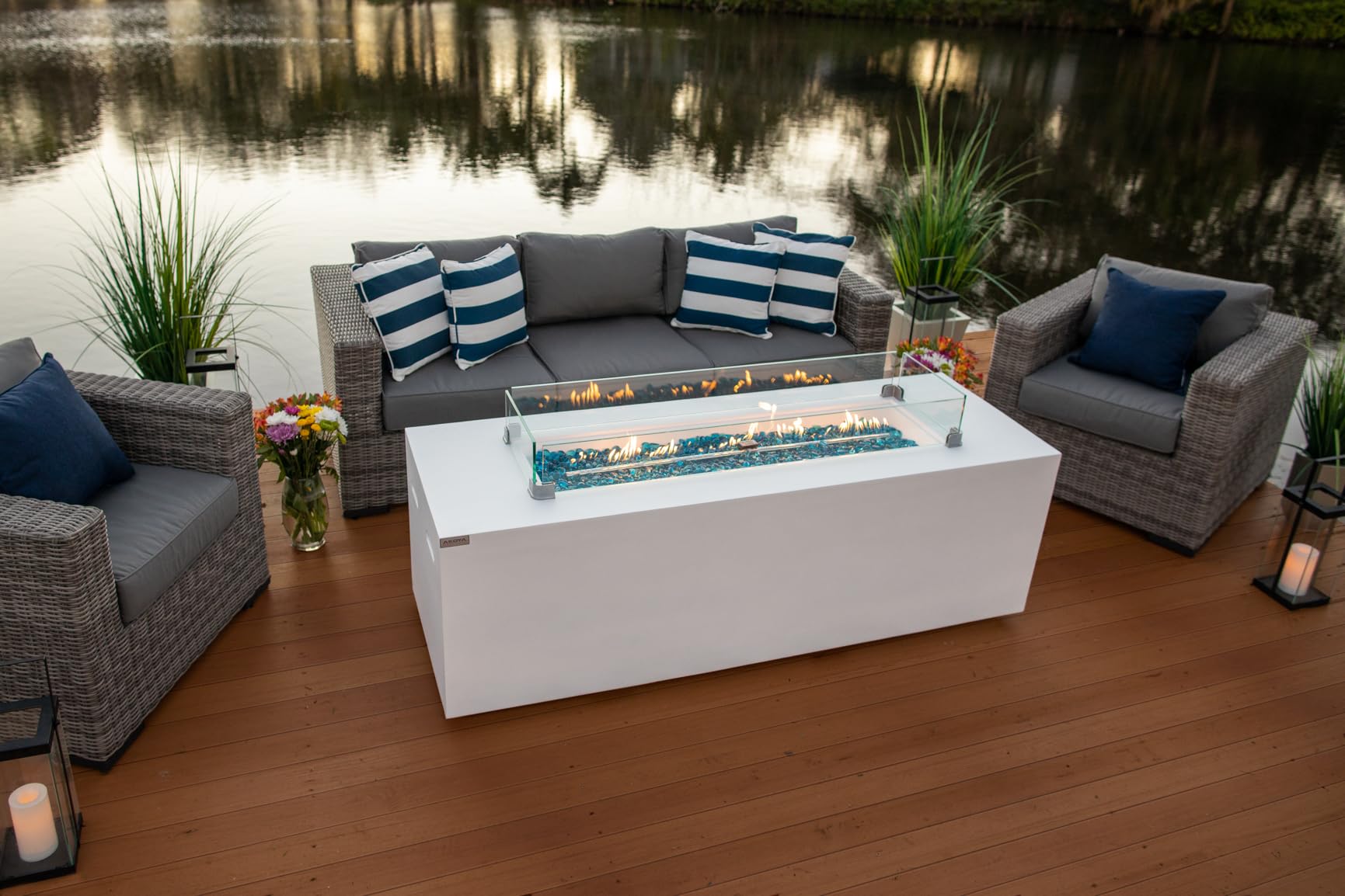 70" Linear Rectangular Modern Concrete Fire Pit Table w/Glass Guard and Crystals (White)