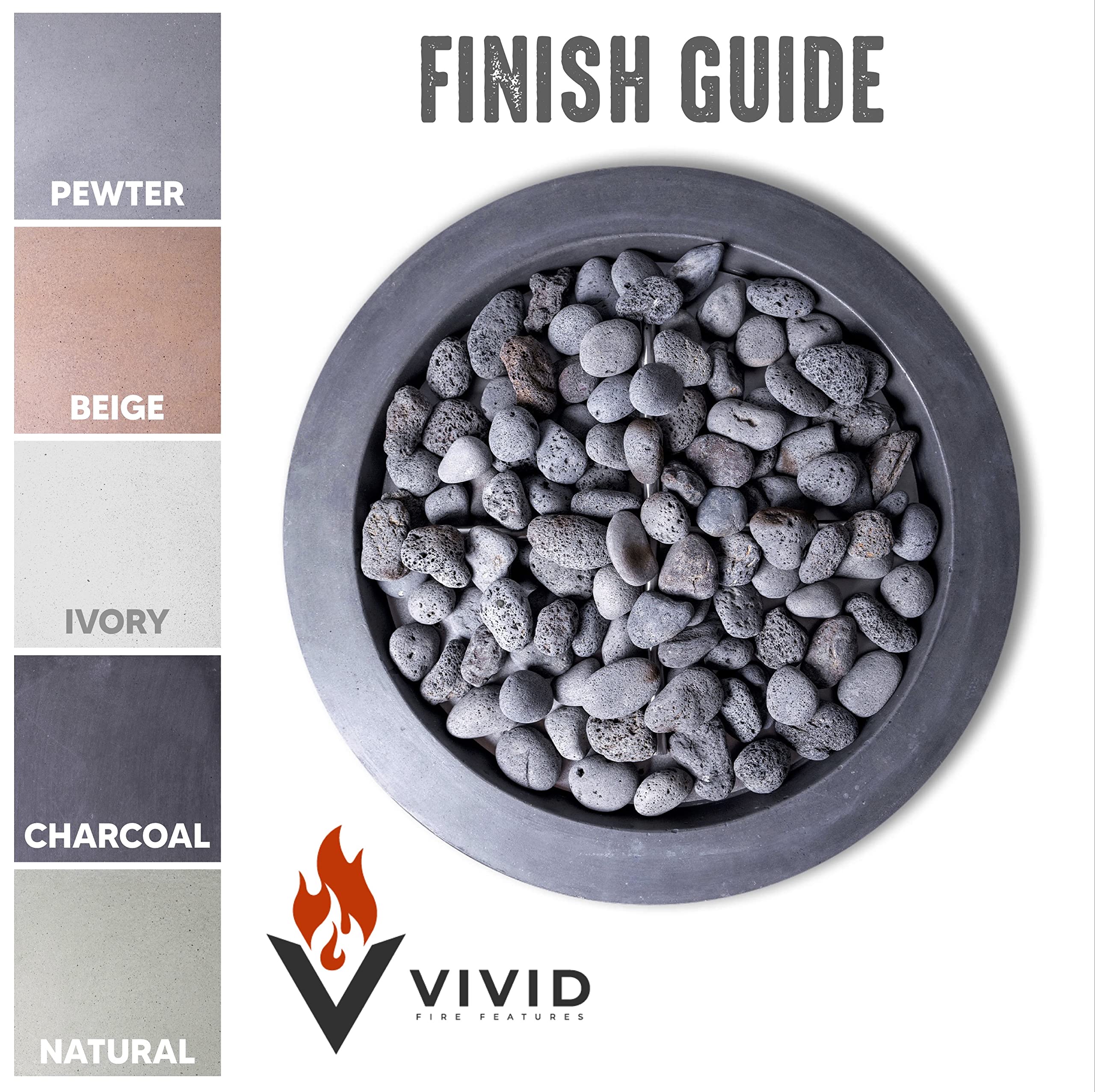 30" Premium Concrete Fire Bowl - Dark Grey Cement Round Natural Gas Fire Pit - Outdoor Fire Table with Key Valve GFRC (30" Diameter x 13" High) (Pewter)