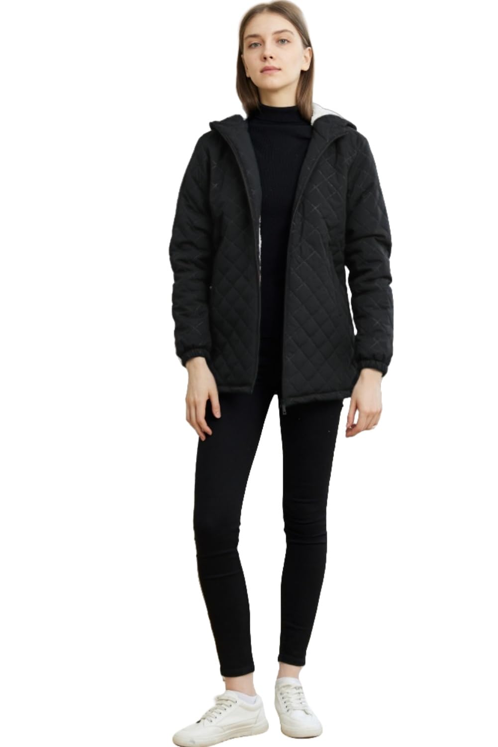 LQHHYLYX Womens Winter Outdoor Two-Pocket Fleece Hooded Long Warm Zipper Jacket (Large, Black)