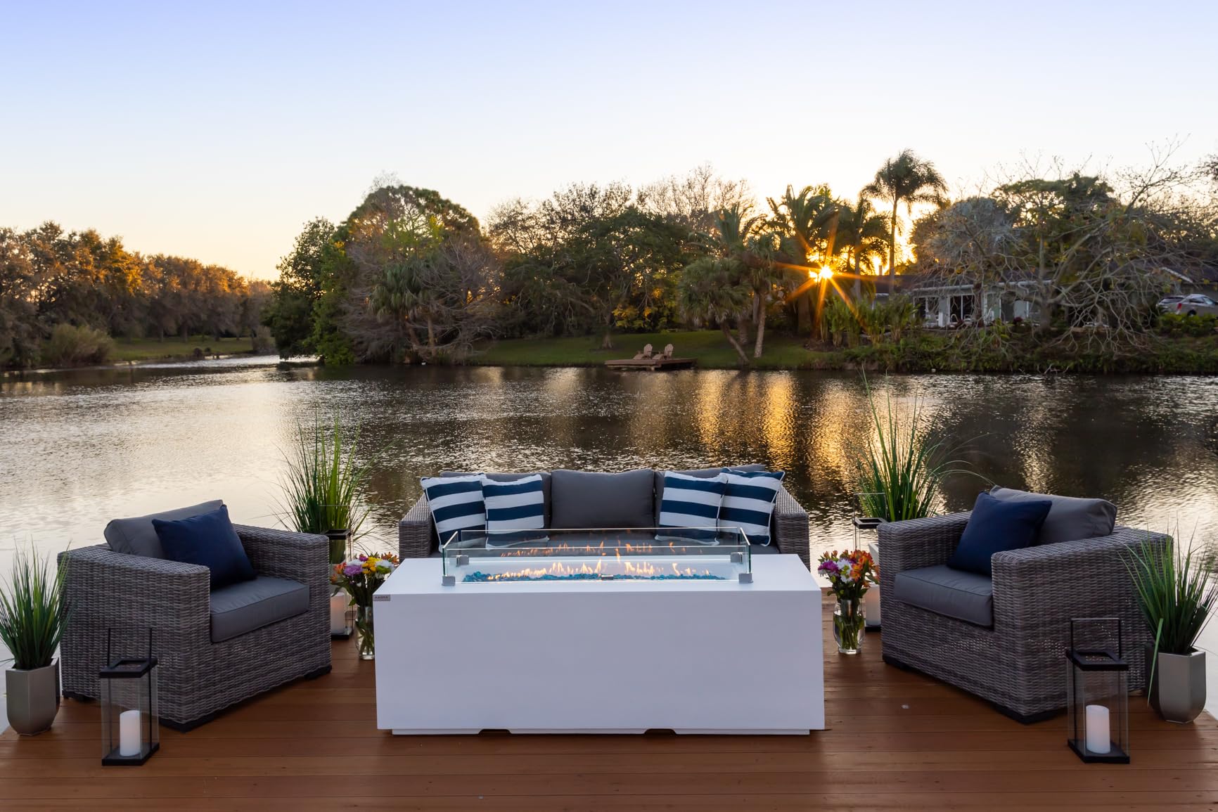 70" Linear Rectangular Modern Concrete Fire Pit Table w/Glass Guard and Crystals (White)