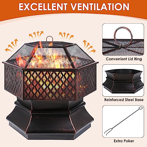 Arlopu 30/28'' Outdoor Grilled Fire Pit, Wood Burning Firepit, Patio Portable Pit, Hex Outside Camp Fireplace, W/ 20in Fire Poker, Spark Screen, 0.8mm Steel Base for Backyard,Terrace,Poolside,Gazebo