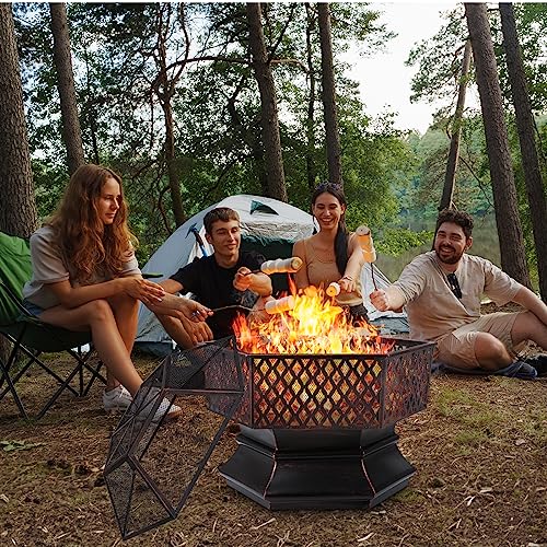 Arlopu 30/28'' Outdoor Grilled Fire Pit, Wood Burning Firepit, Patio Portable Pit, Hex Outside Camp Fireplace, W/ 20in Fire Poker, Spark Screen, 0.8mm Steel Base for Backyard,Terrace,Poolside,Gazebo