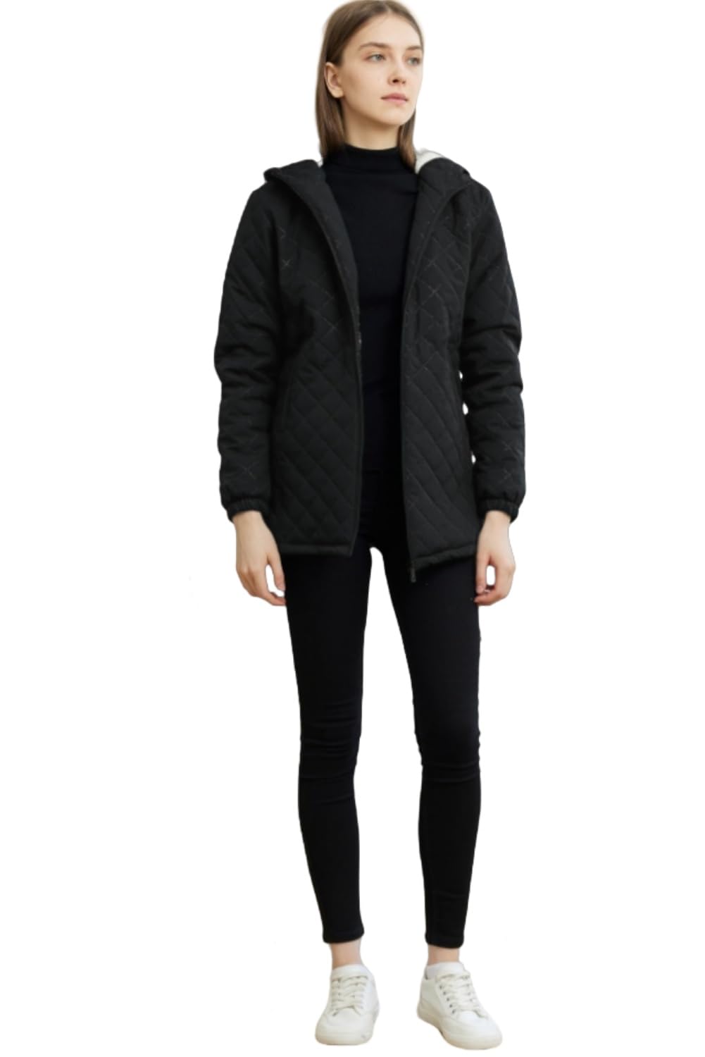 LQHHYLYX Womens Winter Outdoor Two-Pocket Fleece Hooded Long Warm Zipper Jacket (Large, Black)