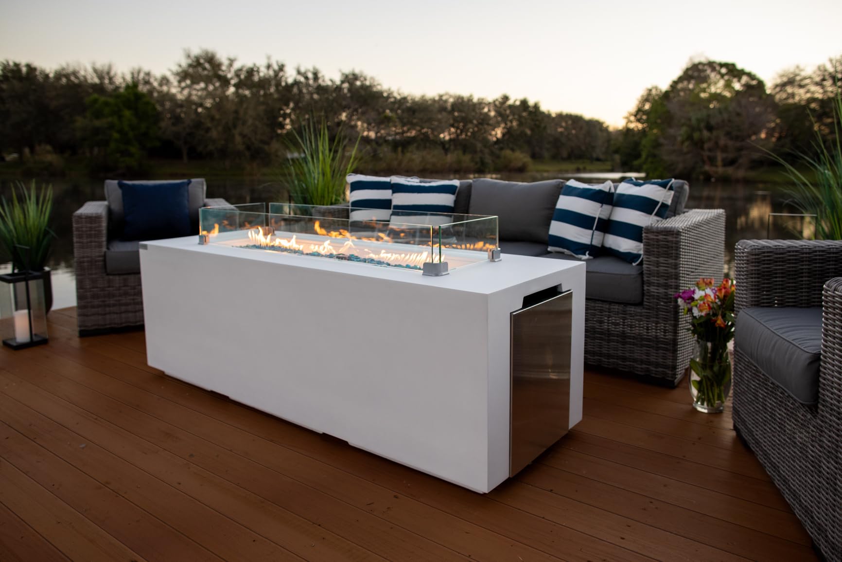 70" Linear Rectangular Modern Concrete Fire Pit Table w/Glass Guard and Crystals (White)