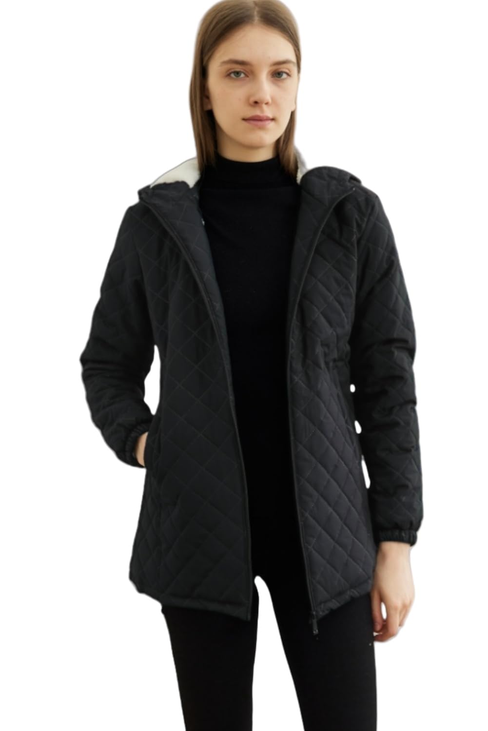 LQHHYLYX Womens Winter Outdoor Two-Pocket Fleece Hooded Long Warm Zipper Jacket (Large, Black)