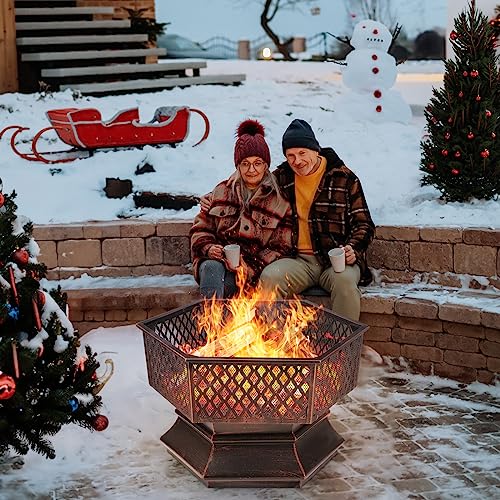 Arlopu 30/28'' Outdoor Grilled Fire Pit, Wood Burning Firepit, Patio Portable Pit, Hex Outside Camp Fireplace, W/ 20in Fire Poker, Spark Screen, 0.8mm Steel Base for Backyard,Terrace,Poolside,Gazebo