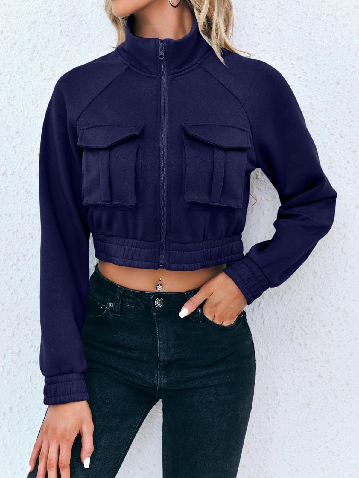 Fisoew Womens Cropped Jackets Casual Zip Up Long Sleeve Stand Collar Coat Outwear with Pockets Dark Blue