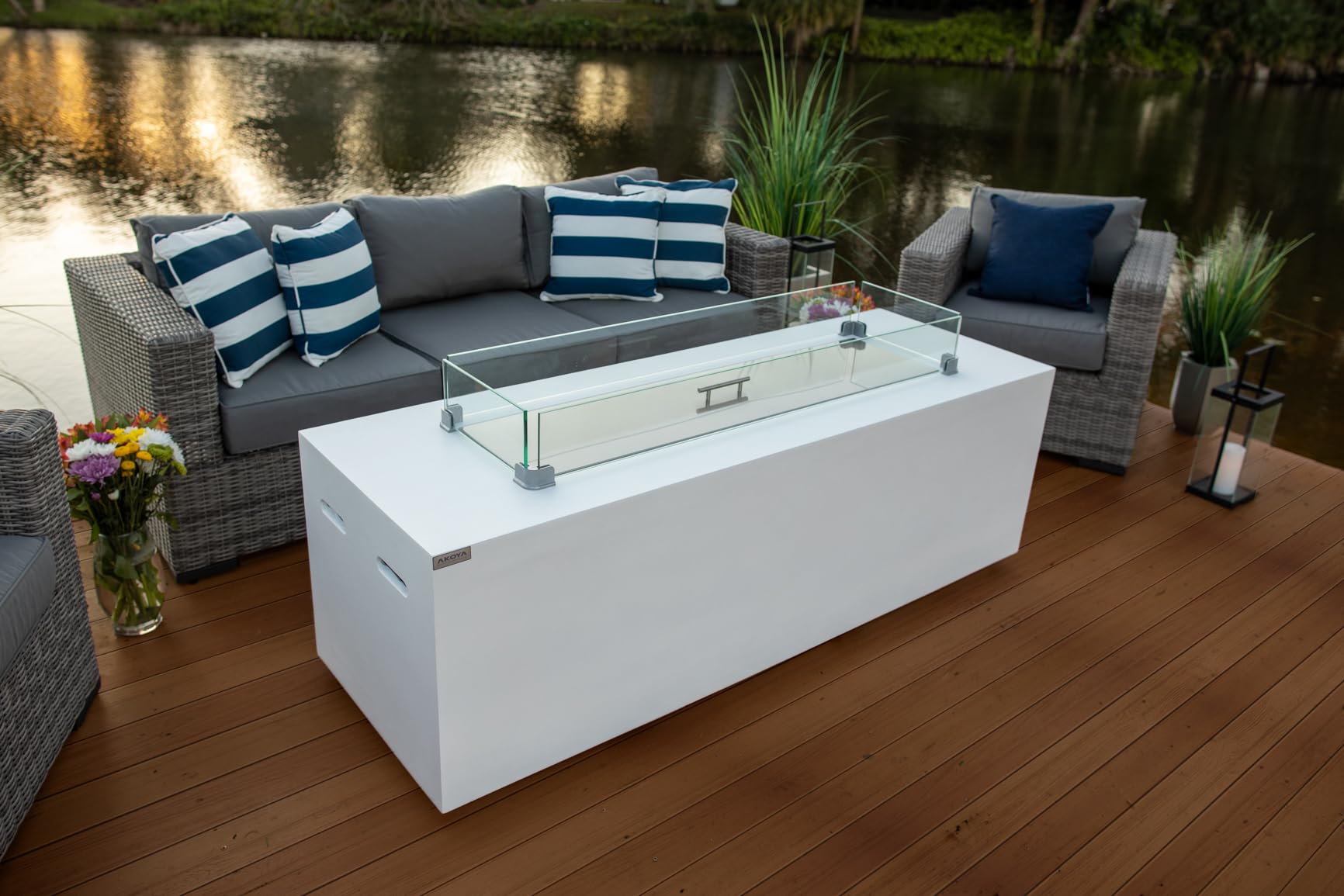 70" Linear Rectangular Modern Concrete Fire Pit Table w/Glass Guard and Crystals (White)