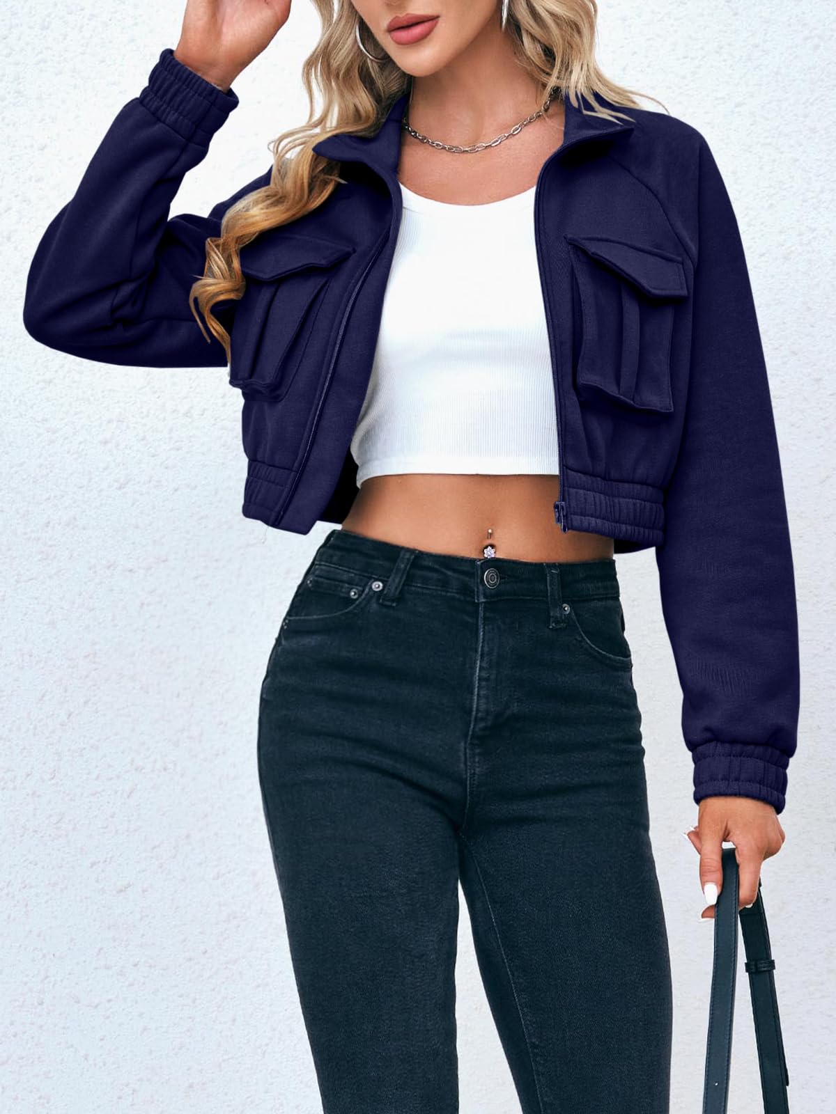 Fisoew Womens Cropped Jackets Casual Zip Up Long Sleeve Stand Collar Coat Outwear with Pockets Dark Blue