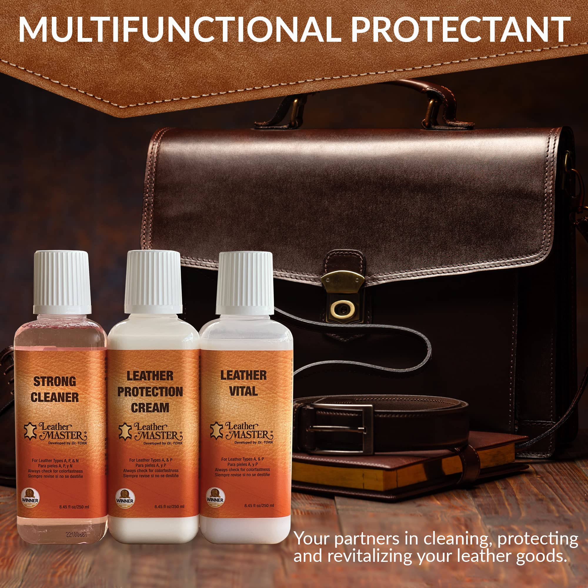 Leather Master Strong Leather Care Bundle - 250 ml Exceptional Leather Care Stain Remover, Protector and Polish Kit. Made to Clean Leather Accessories, Auto Detailing, Furniture, Handbags and Shoes