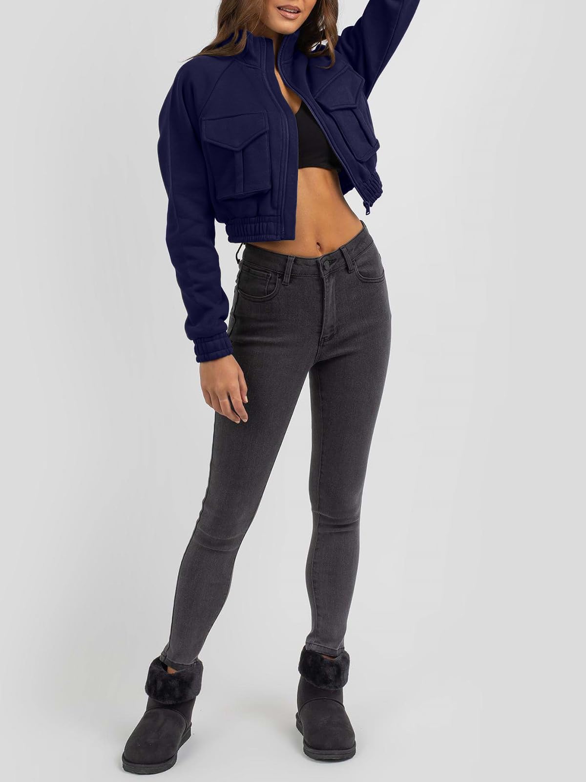 Fisoew Womens Cropped Jackets Casual Zip Up Long Sleeve Stand Collar Coat Outwear with Pockets Dark Blue