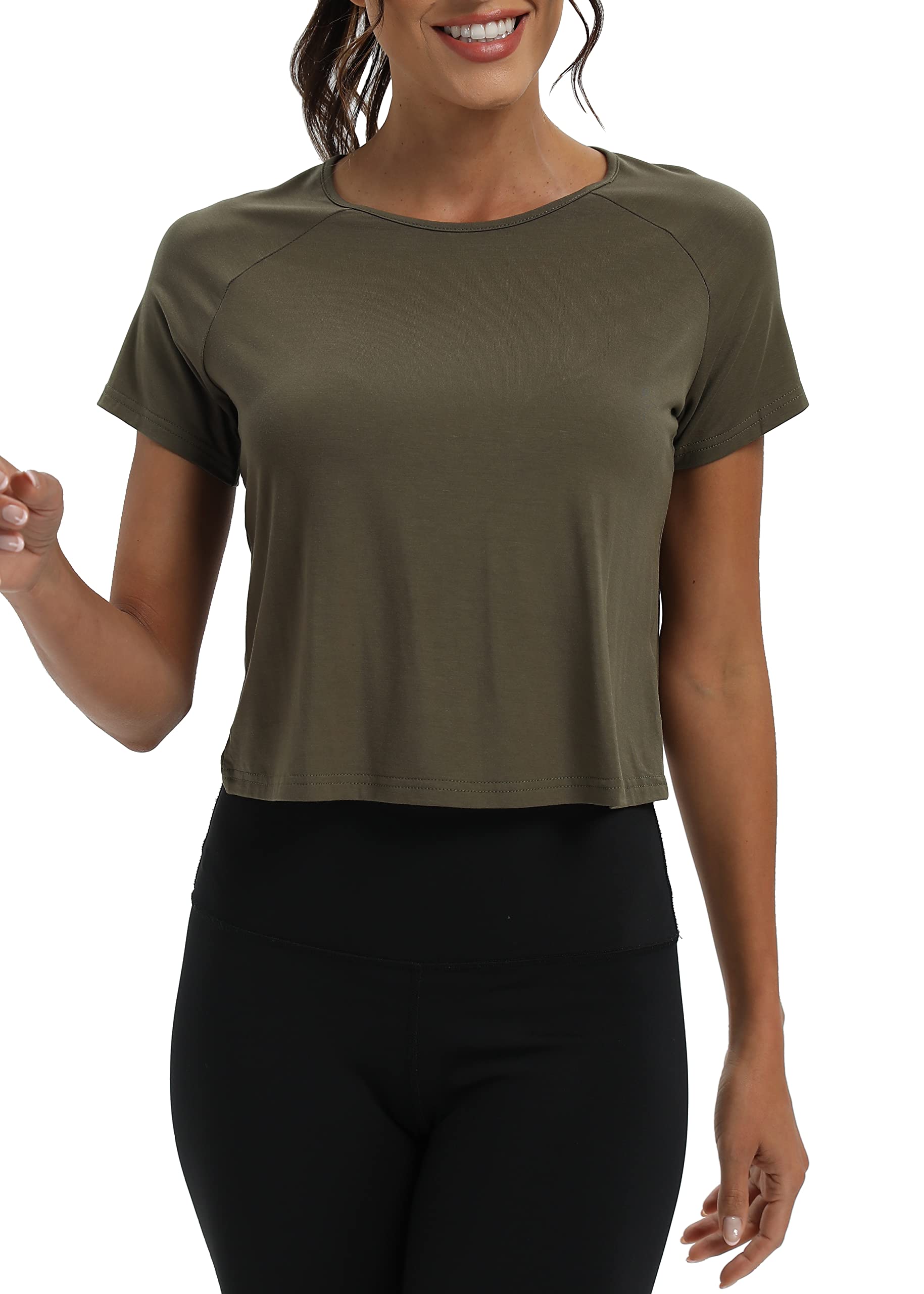 Mippo Short Sleeve Workout Tops Athletic Shirts Gym Clothes Exercise Crop Top Tshirts for Women Loose Fit Army Green S
