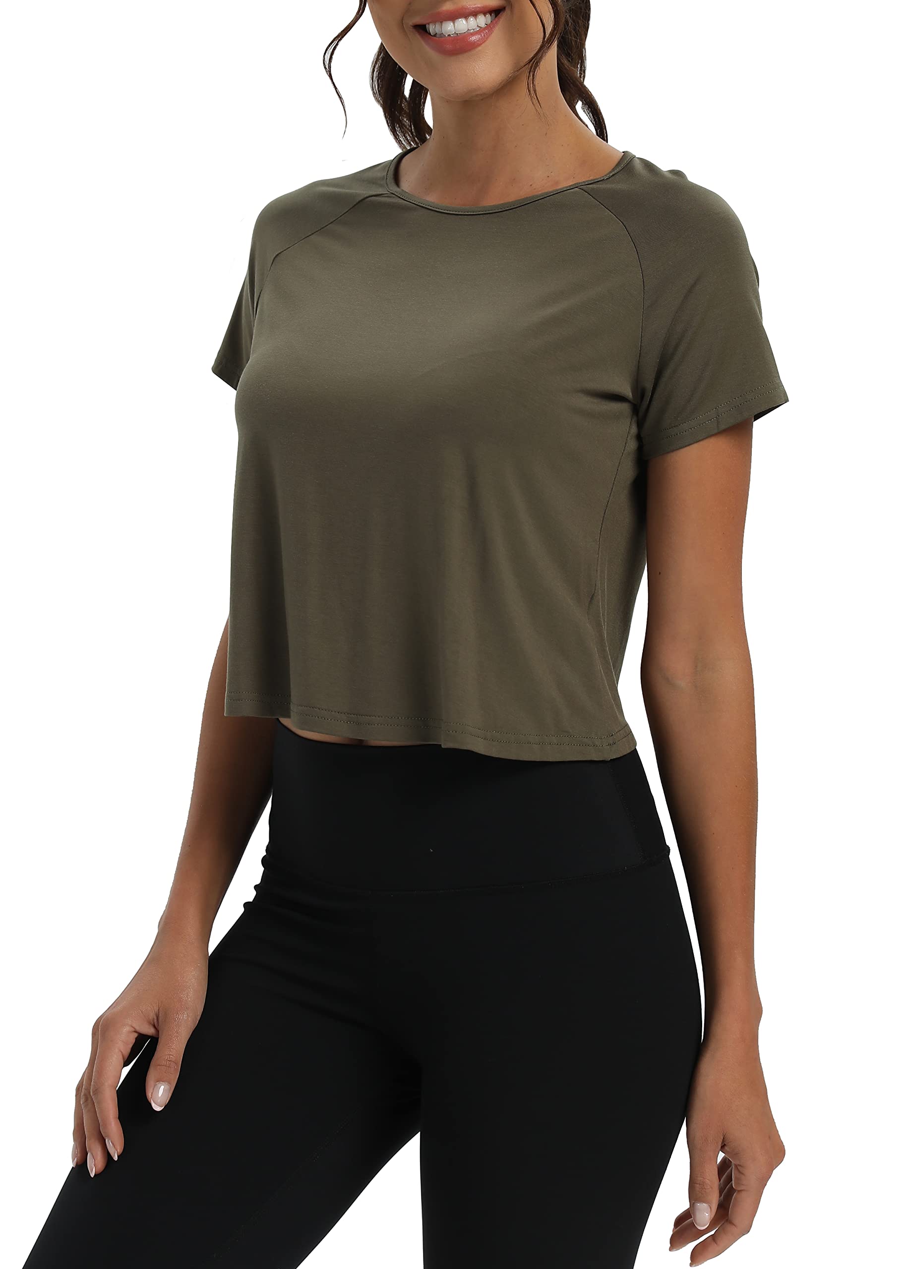 Mippo Short Sleeve Workout Tops Athletic Shirts Gym Clothes Exercise Crop Top Tshirts for Women Loose Fit Army Green S