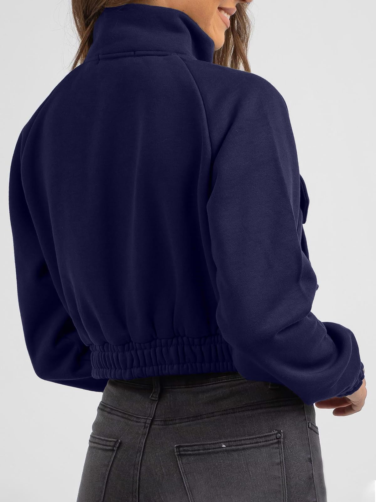Fisoew Womens Cropped Jackets Casual Zip Up Long Sleeve Stand Collar Coat Outwear with Pockets Dark Blue
