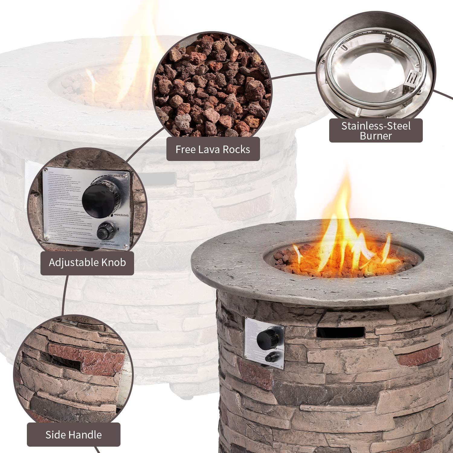 SUNBURY Outdoor Fire Pit Propane Round Fire Pit Table Fire Column, Stonecrest 40,000 BTU Gas Fire Pits for Outside w Lava Rocks, Waterproof Cover
