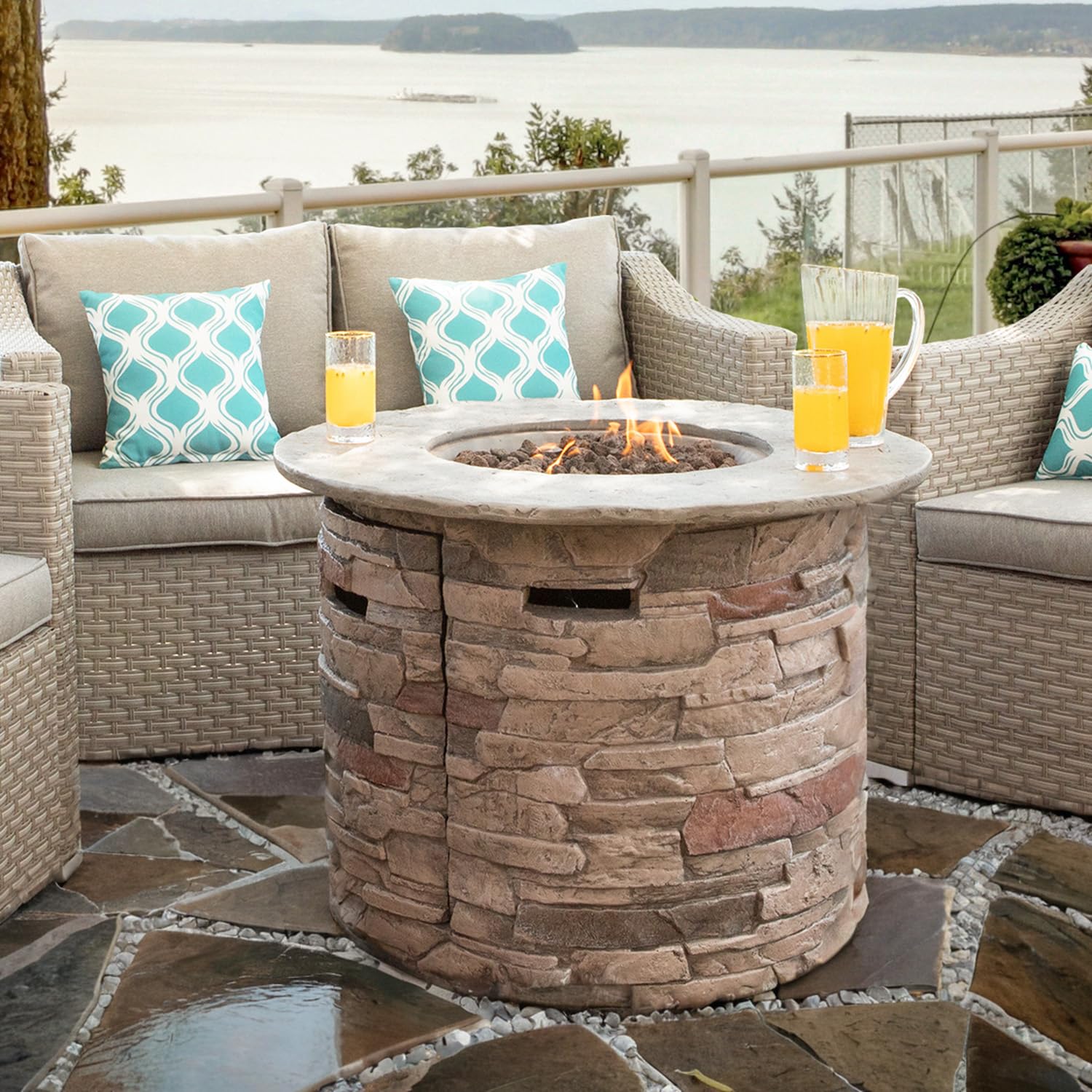 SUNBURY Outdoor Fire Pit Propane Round Fire Pit Table Fire Column, Stonecrest 40,000 BTU Gas Fire Pits for Outside w Lava Rocks, Waterproof Cover