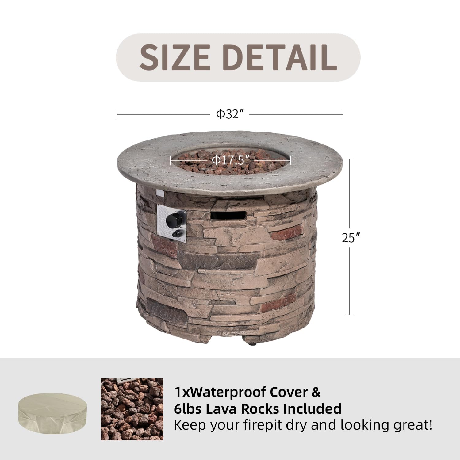 SUNBURY Outdoor Fire Pit Propane Round Fire Pit Table Fire Column, Stonecrest 40,000 BTU Gas Fire Pits for Outside w Lava Rocks, Waterproof Cover