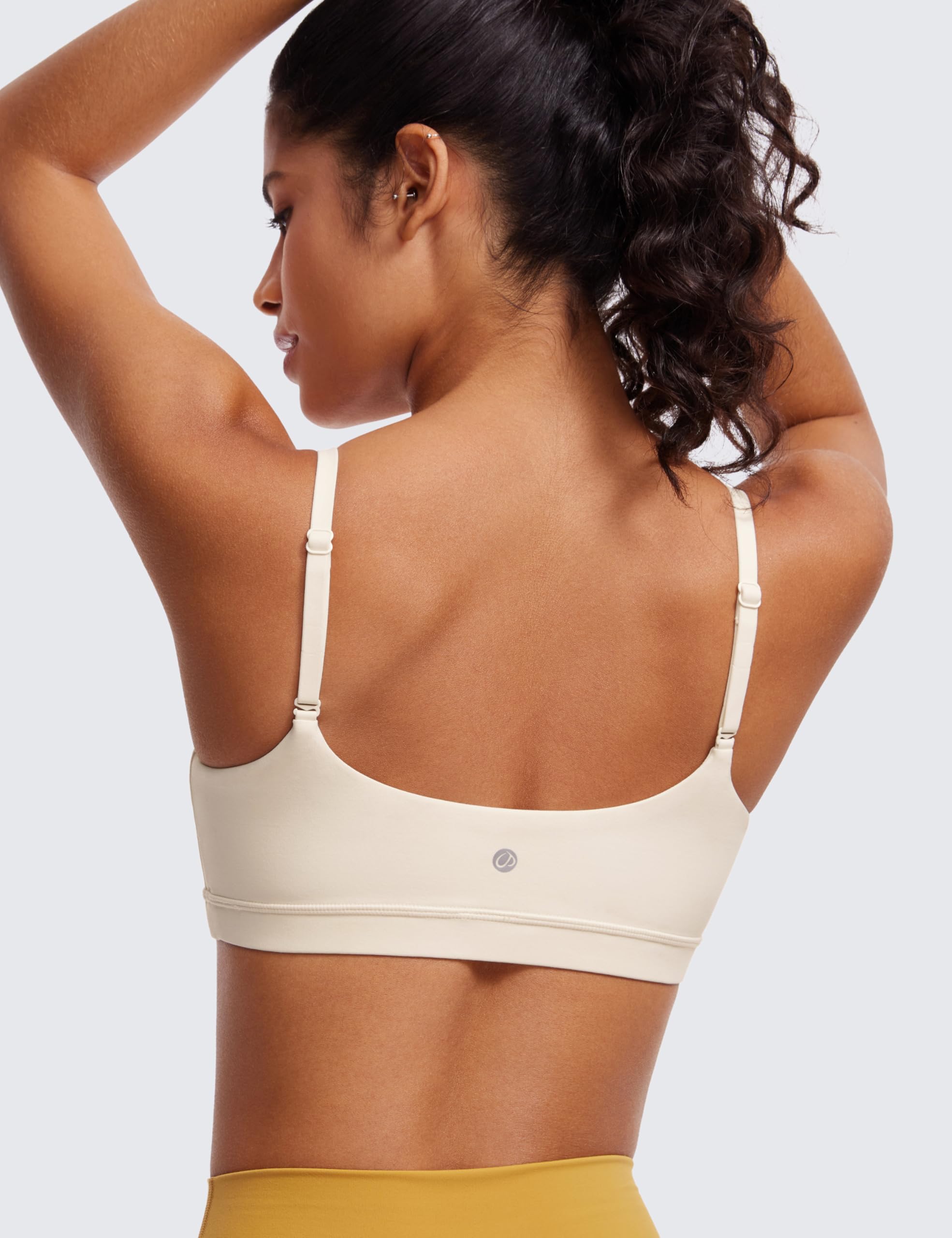 CRZ YOGA Womens Butterluxe Adjustable Spaghetti Strap Sports Bra - Scoop Neck Wireless Padded Yoga Workout Crop Top White Apricot Small