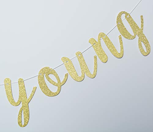 Four Ever Young Banner for 4th Birthday Party Decorations Supplies, Pre-Strung Cursive Bunting Photo Booth Props Sign(Gold)