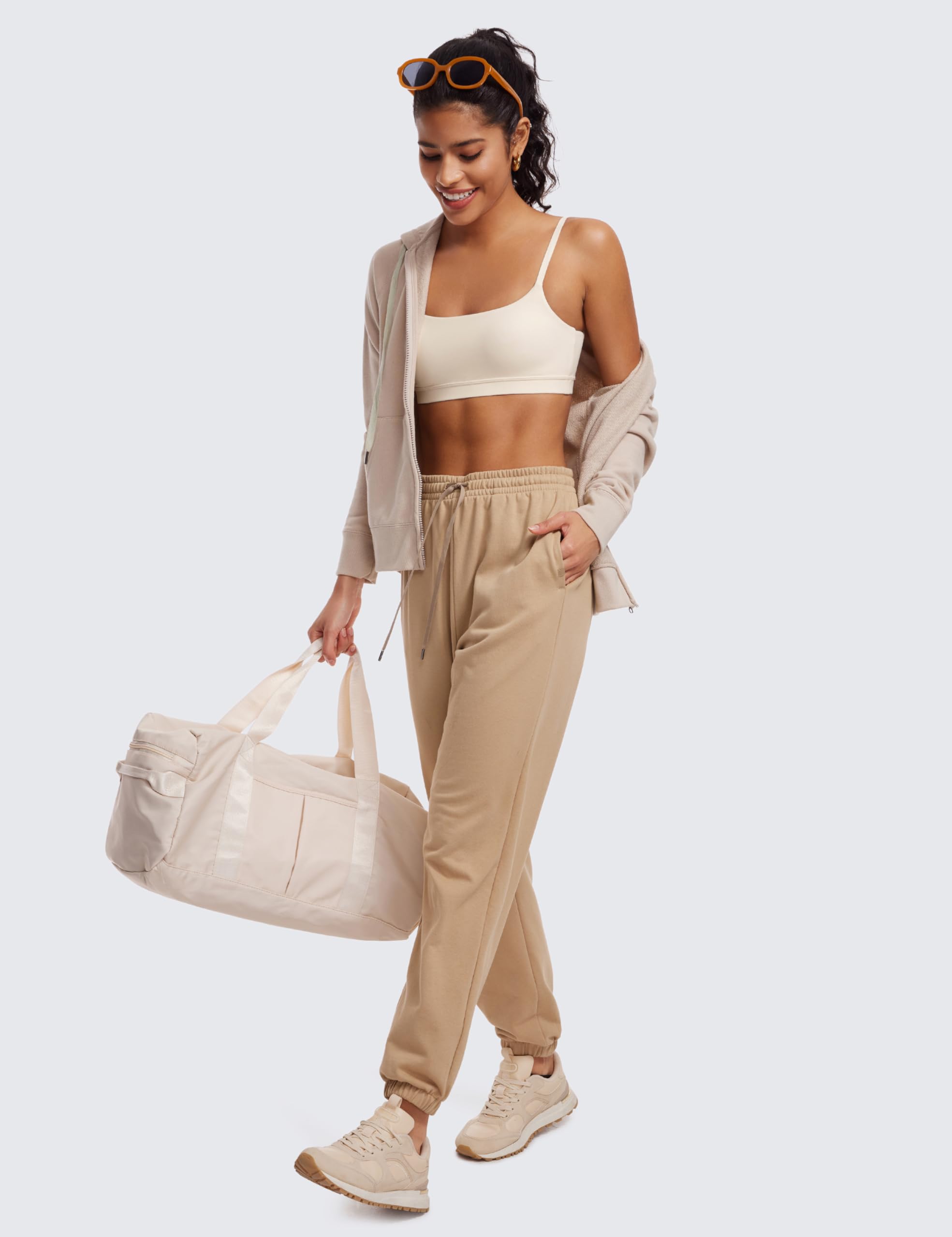 CRZ YOGA Womens Butterluxe Adjustable Spaghetti Strap Sports Bra - Scoop Neck Wireless Padded Yoga Workout Crop Top White Apricot Small