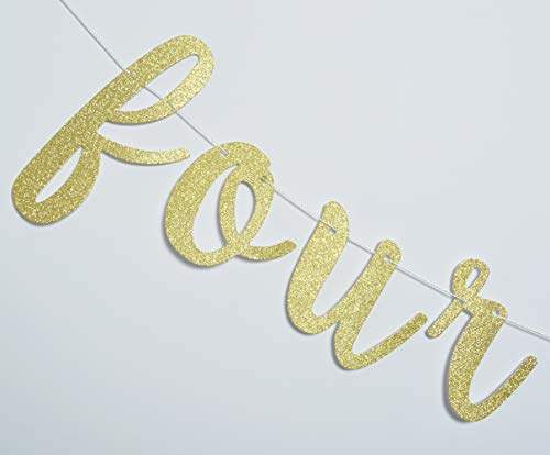 Four Ever Young Banner for 4th Birthday Party Decorations Supplies, Pre-Strung Cursive Bunting Photo Booth Props Sign(Gold)