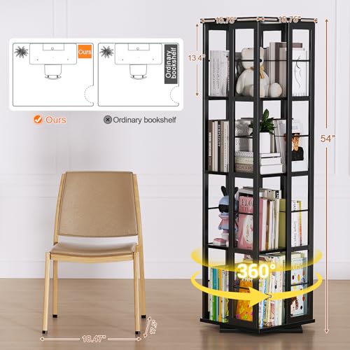 Besiost Bookshelf, Rotating Bookshelf Corner Bookcase, 360 Wood Spinning Narrow Bookshelf, 4 Tier Floor Standing Bookcase Shelf Revolving Organizer Storage Rack for Small Space, Study Room, Black Oak