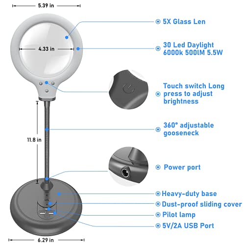 2 USB Rechargeable 5X Magnifying Glass with Light and Stand, Large Desktop Magnifying Lamp for Reading, Hobbies, Crafts, Workbench