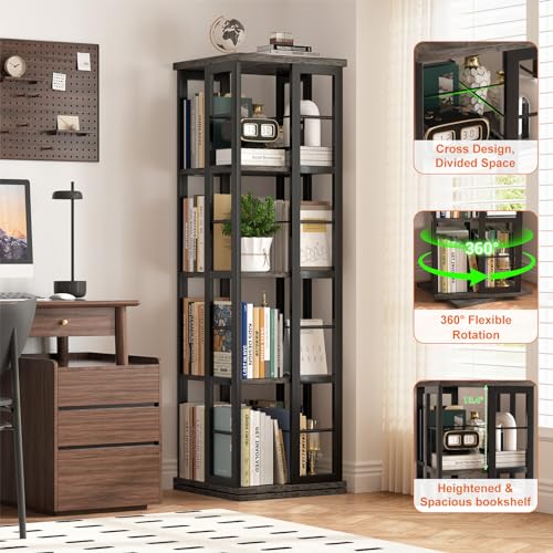 Besiost Bookshelf, Rotating Bookshelf Corner Bookcase, 360 Wood Spinning Narrow Bookshelf, 4 Tier Floor Standing Bookcase Shelf Revolving Organizer Storage Rack for Small Space, Study Room, Black Oak
