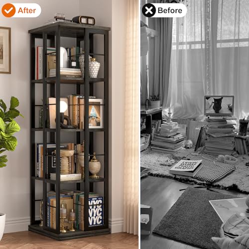 Besiost Bookshelf, Rotating Bookshelf Corner Bookcase, 360 Wood Spinning Narrow Bookshelf, 4 Tier Floor Standing Bookcase Shelf Revolving Organizer Storage Rack for Small Space, Study Room, Black Oak
