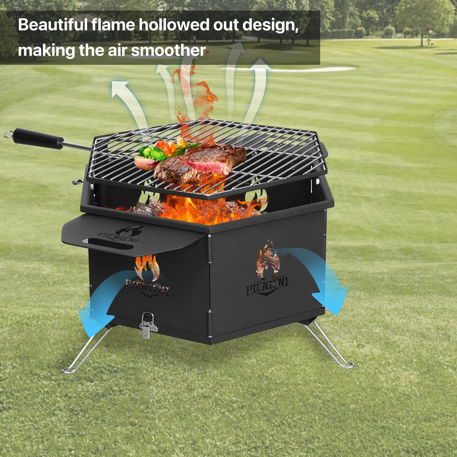 Fire pit with Grill Portable Wood Burning Fire Pits Metal Fire Pit are Used for Garden Picnic, Camping Bonfire, Backyard Parties, BBQ& Outdoor Firepit,Black