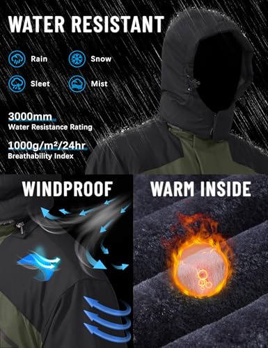 TACVASEN Mens Tactical Jacket Water Resistant Winter Ski Jacket Green Camo Military Jacket Thick Warm Jacket Camo Parka Rain Coat Snow Coat