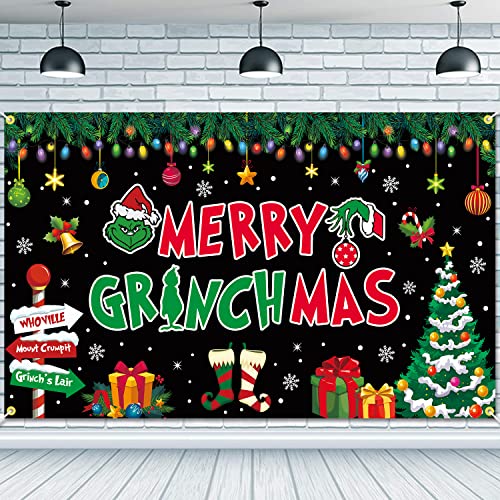 JKQ Merry Grinchmas Backdrop Banner 73 x 43 Inch Large Size Christmas Background Banner Xmas Party Decorations Christmas Holiday Baby Shower Birthday Indoor Outdoor Photo Booth Props