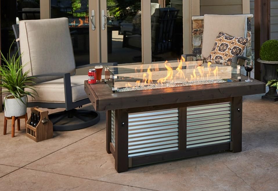 Outdoor GreatRoom Co Propane Fire Pit Table - Denali Gas Fire Pits for Outside Patio - 56 Inch Rectangular Concrete Firepit Fire Table with Matching Tabletop Cover, Metal & Wood Base, 80,000 BTU