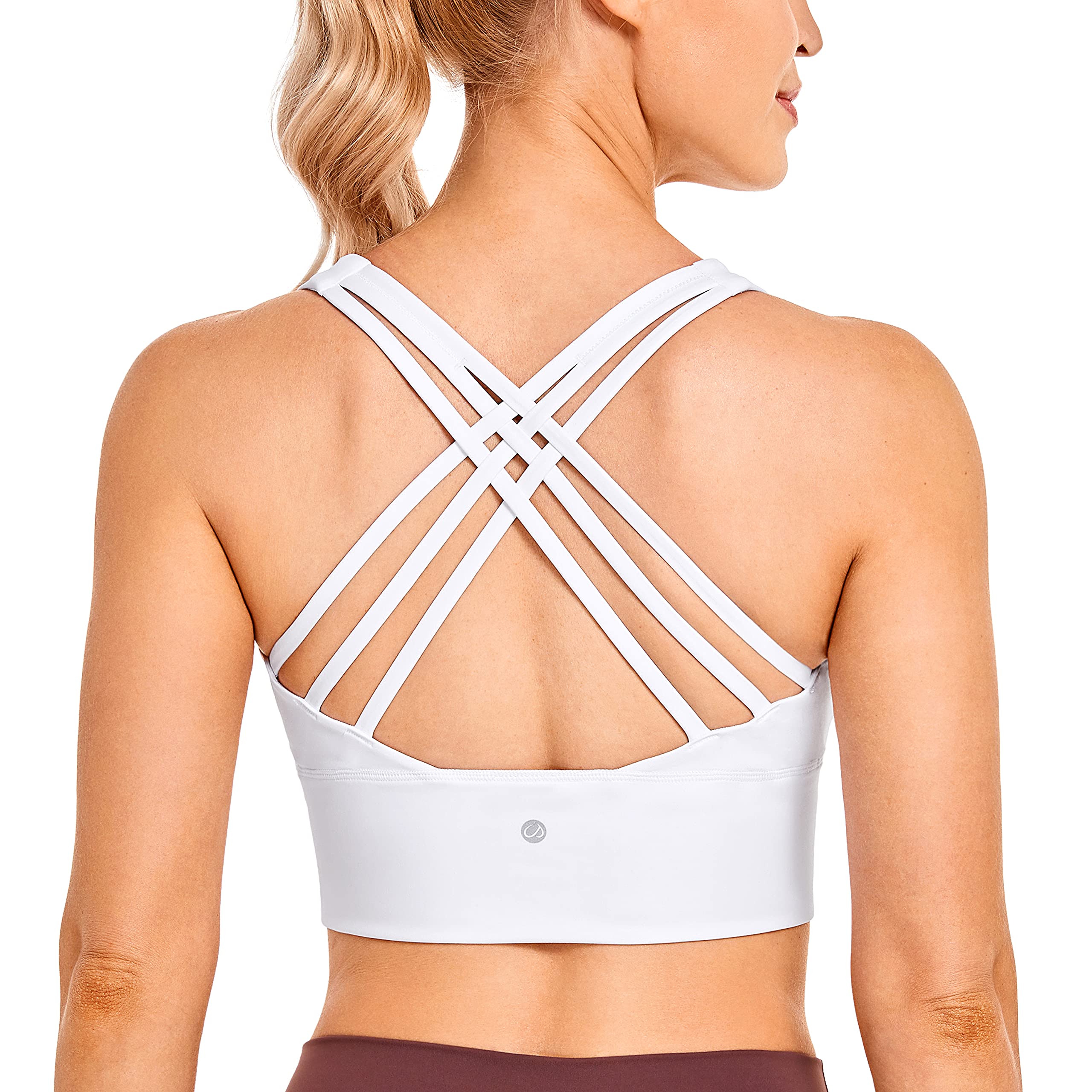 CRZ YOGA Strappy Longline Sports Bras for Women - Wirefree Padded Criss Cross Yoga Cropped Tank Tops White Medium