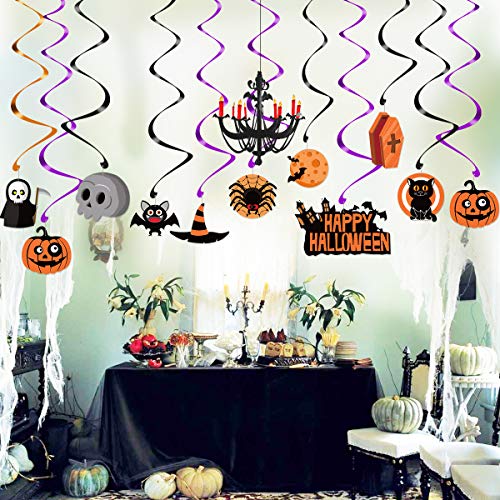 Unomor Halloween Decorations Indoor Hanging Swirls for Haunted House Decor Ceiling Swirl Decoration Included Bats, Spider, Ghost, Pumpkin, 3D Chandelier (30 Piece)