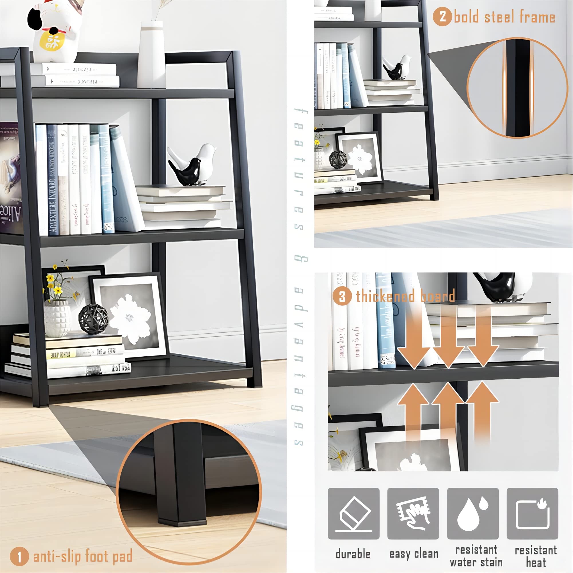 IOTXY 3 Tier Open Bookshelf - Steel and Wood Display Stand, 50CM Width Floor-Standing Bookcase, Black
