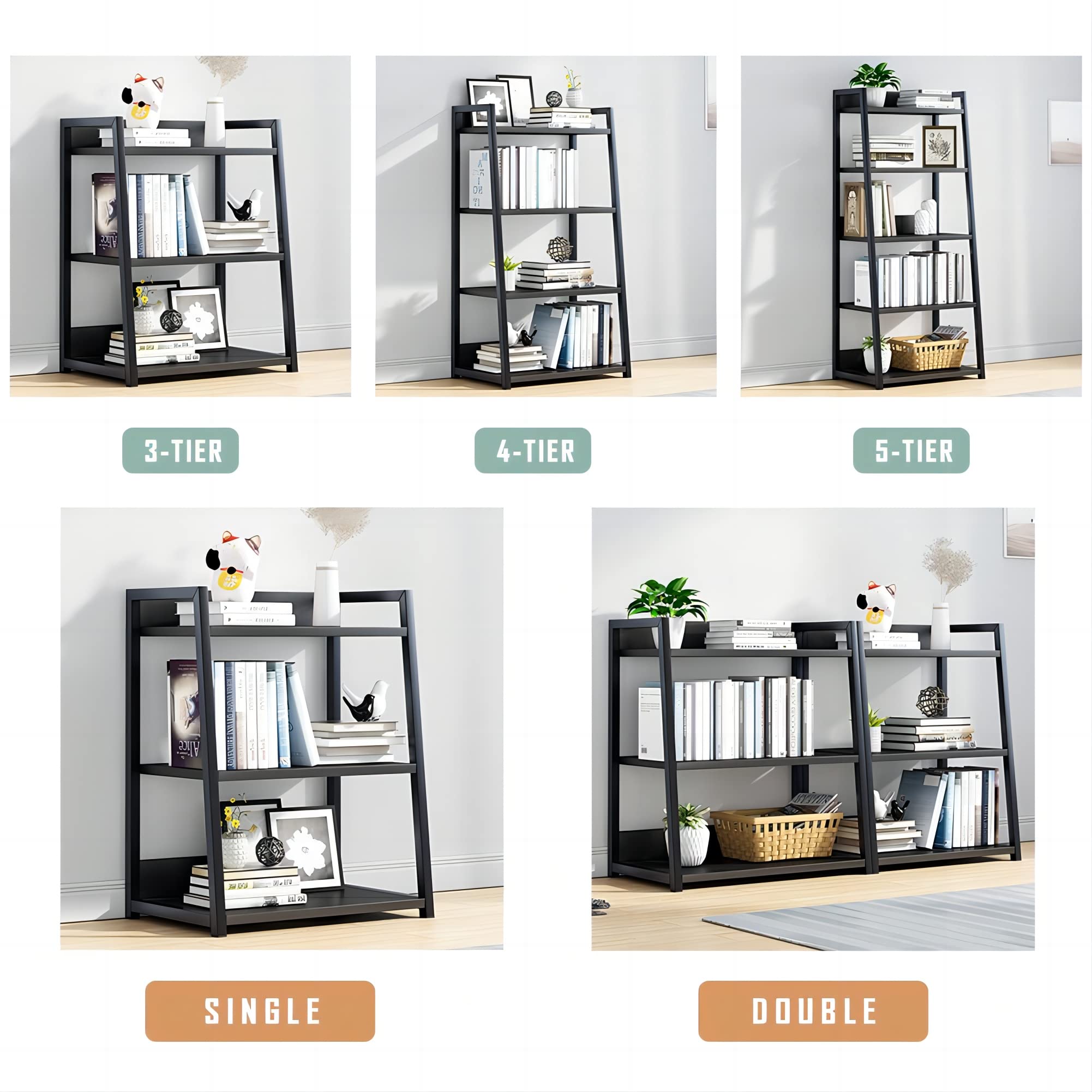 IOTXY 3 Tier Open Bookshelf - Steel and Wood Display Stand, 50CM Width Floor-Standing Bookcase, Black