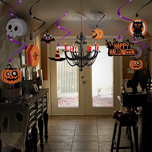 Unomor Halloween Decorations Indoor Hanging Swirls for Haunted House Decor Ceiling Swirl Decoration Included Bats, Spider, Ghost, Pumpkin, 3D Chandelier (30 Piece)