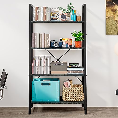 SORCEDAS Book Shelf 4-Tier Bookcase Tall Bookshelf Industrial Ladder Shelf Storage Organizer for Bedroom,Living Room (Black)