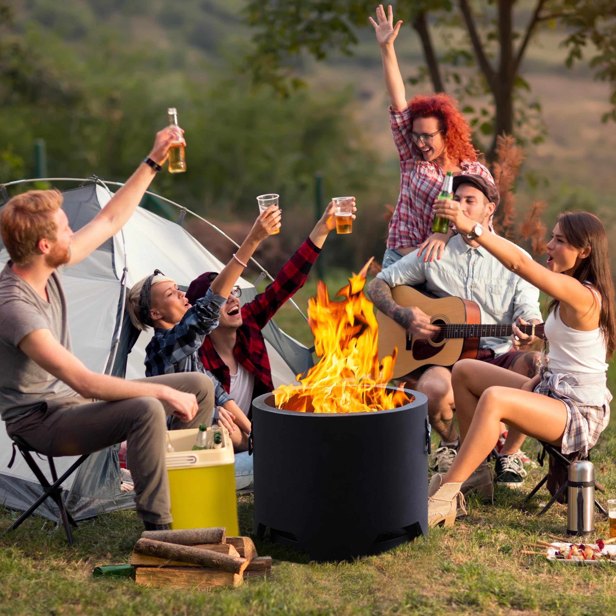 Yaheetech Smokeless Fire Pit for Outdoor Garden Patio Camping W/Silicone Fire Pit Mat & Fire Poker & Rain Cover & Lid & Log Grate, 16in