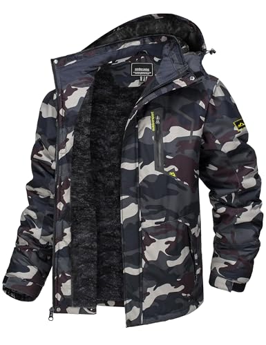 TACVASEN Mens Tactical Jacket Water Resistant Winter Ski Jacket Green Camo Military Jacket Thick Warm Jacket Camo Parka Rain Coat Snow Coat