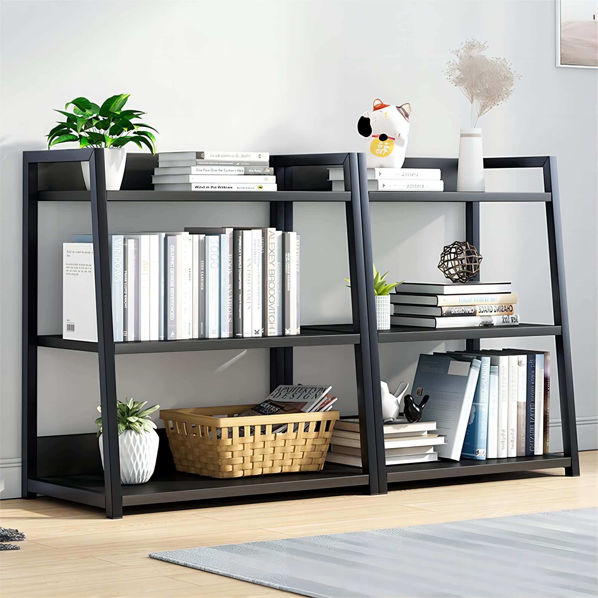 IOTXY 3 Tier Open Bookshelf - Steel and Wood Display Stand, 50CM Width Floor-Standing Bookcase, Black