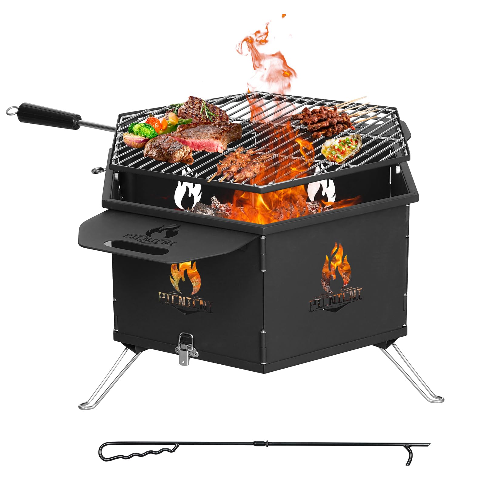 Fire pit with Grill Portable Wood Burning Fire Pits Metal Fire Pit are Used for Garden Picnic, Camping Bonfire, Backyard Parties, BBQ& Outdoor Firepit,Black