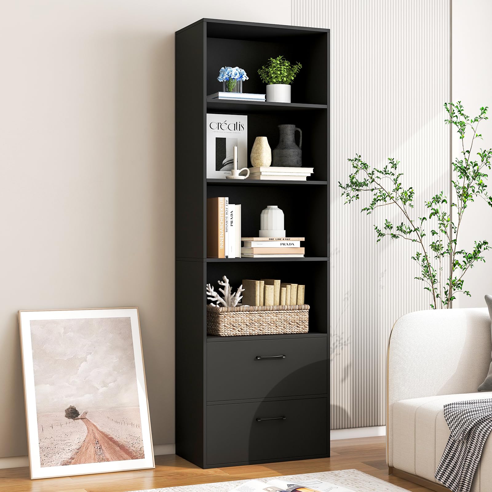 IFANNY 74" Tall Bookcase, Freestanding Open Bookshelf w/ 4 Open Shelves & 2 Drawers, Modern Display Shelf with Anti-Toppling Device, Wooden Book Shelf for Bedroom, Study, Living Room, Office