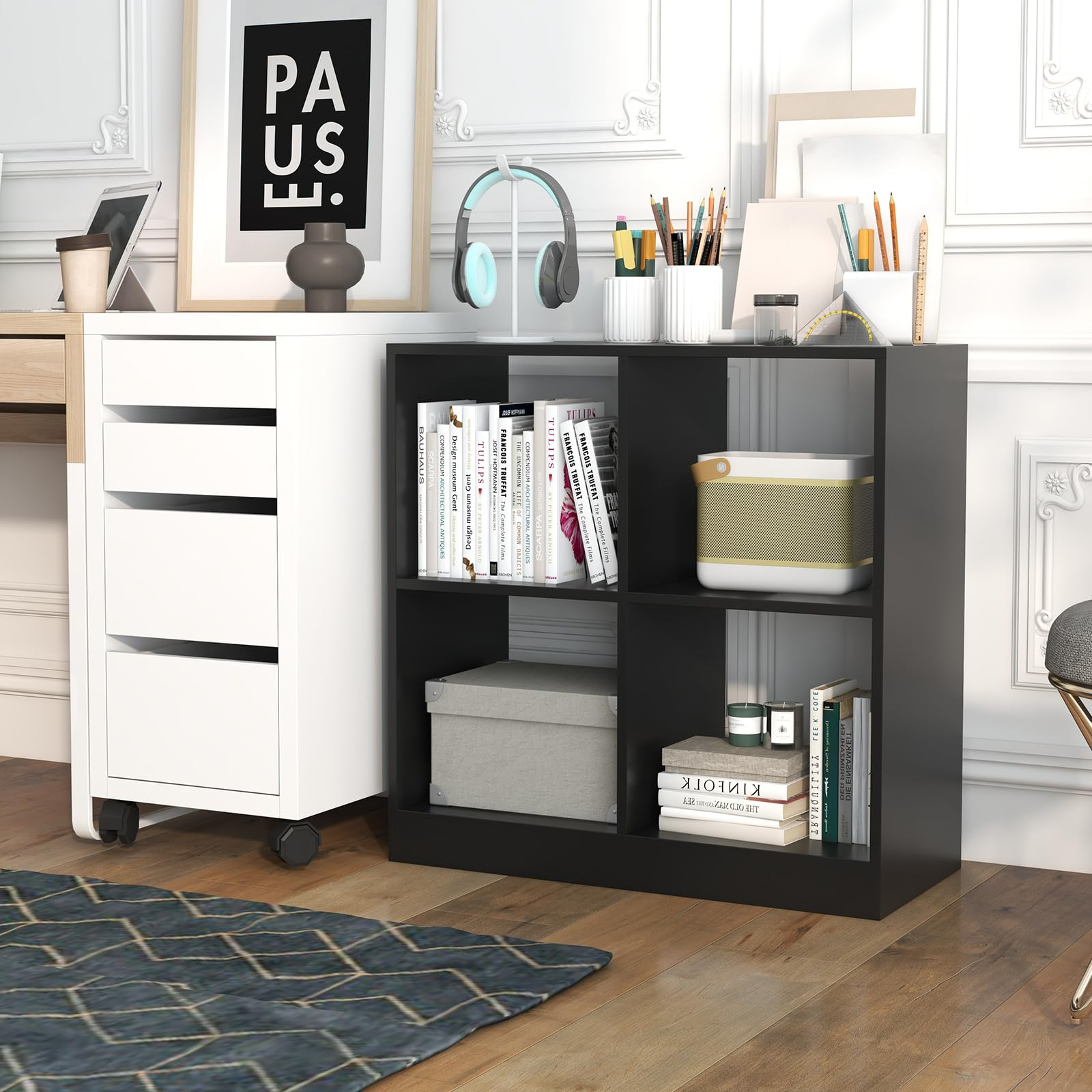 Tangkula 4-Cube Bookcase, Freestanding Open Bookshelf, 2 Anti-Tipping Kits, Modern Cube Storage Wooden Display Shelf for Living Room Kids Room, Easy Assembly (Black, 29 x 13 x 29 Inch)