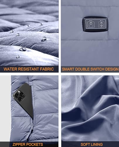 TAMEYA Womens Heated Vest with 3 Heating Levels, 9 Heating Zones, Washable Stand Collar Lightweight Zip Heated Vest With Battery Pack (Grey-Stripe,L)