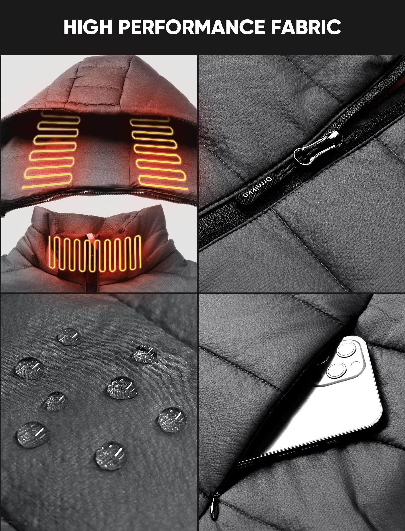 ORRNIKKO [2024 All-New] Heated Vest for Men - 7.4V 16000mAh Battery Pack and Detachable Heated Hood, Mens Heated Vest