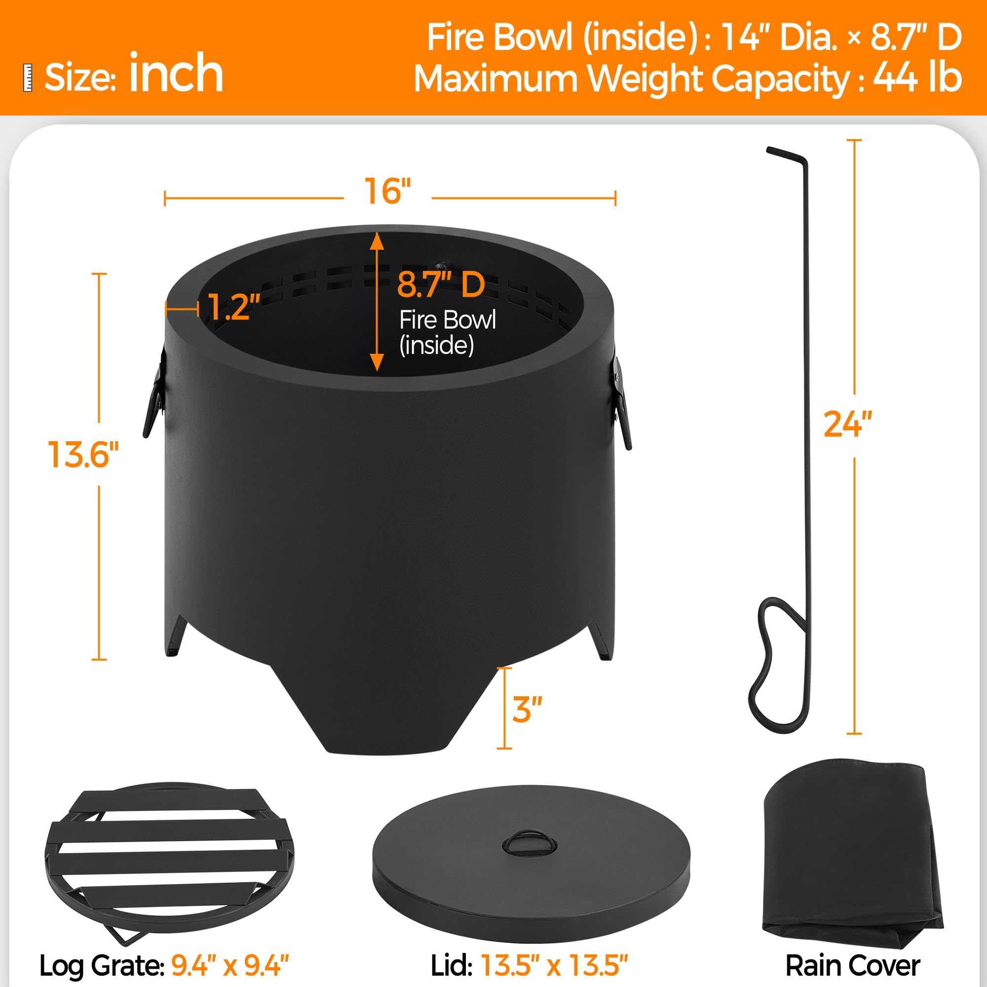 Yaheetech Smokeless Fire Pit for Outdoor Garden Patio Camping W/Silicone Fire Pit Mat & Fire Poker & Rain Cover & Lid & Log Grate, 16in